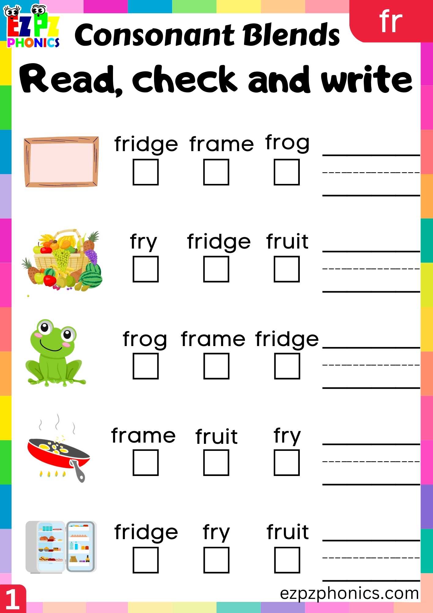 Group1 FR Words Read, Check And Write Phonics Consonant Blends Worksheet - ezpzphonics.com